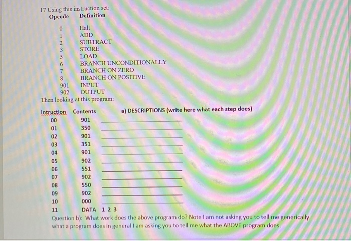 Solved 17 Using this instruction set: Opcode Definition 0 | Chegg.com