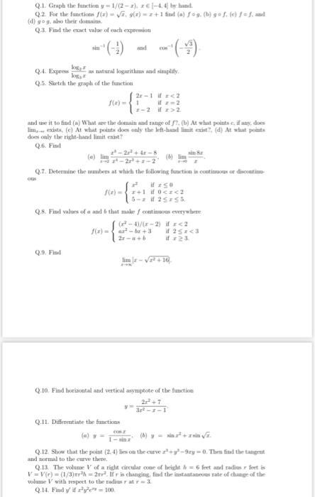 Solved Q.1. Graph the function y=1/(2−x),x∈1−4.4∣ bo hand. | Chegg.com