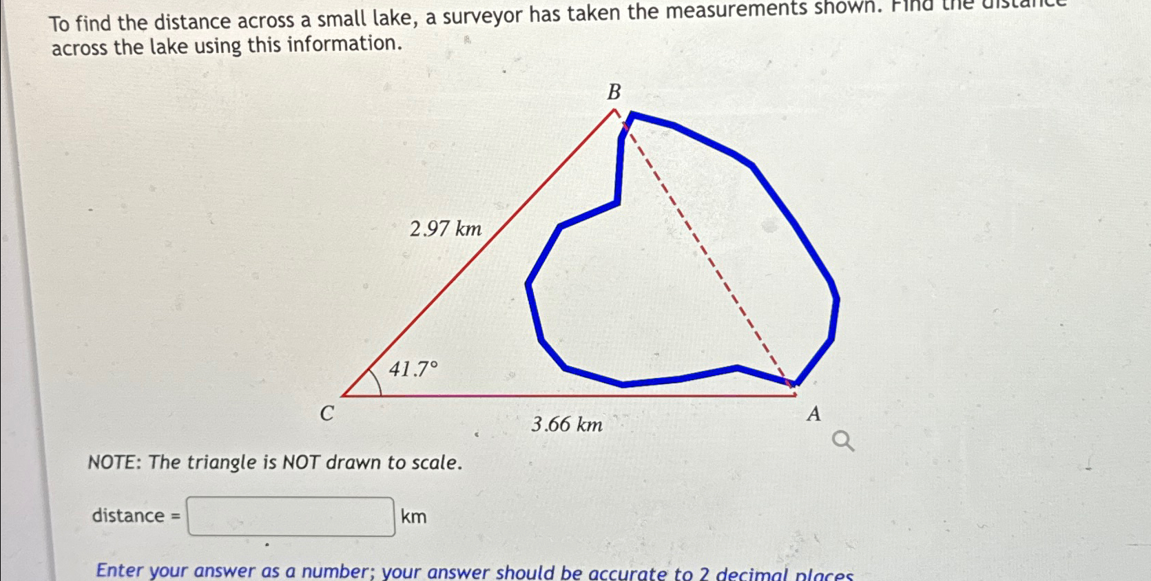 Solved To find the distance across a small lake, a surveyor | Chegg.com