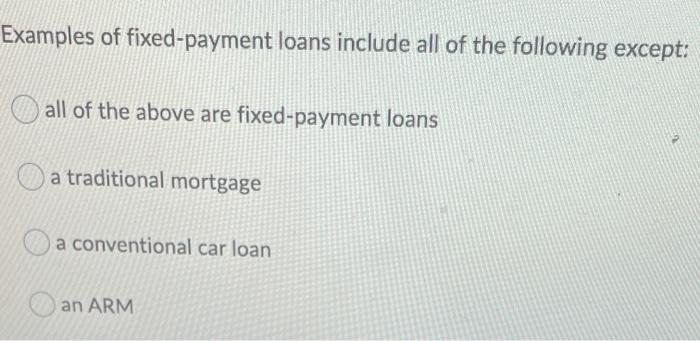 Solved Examples of fixed-payment loans include all of the | Chegg.com