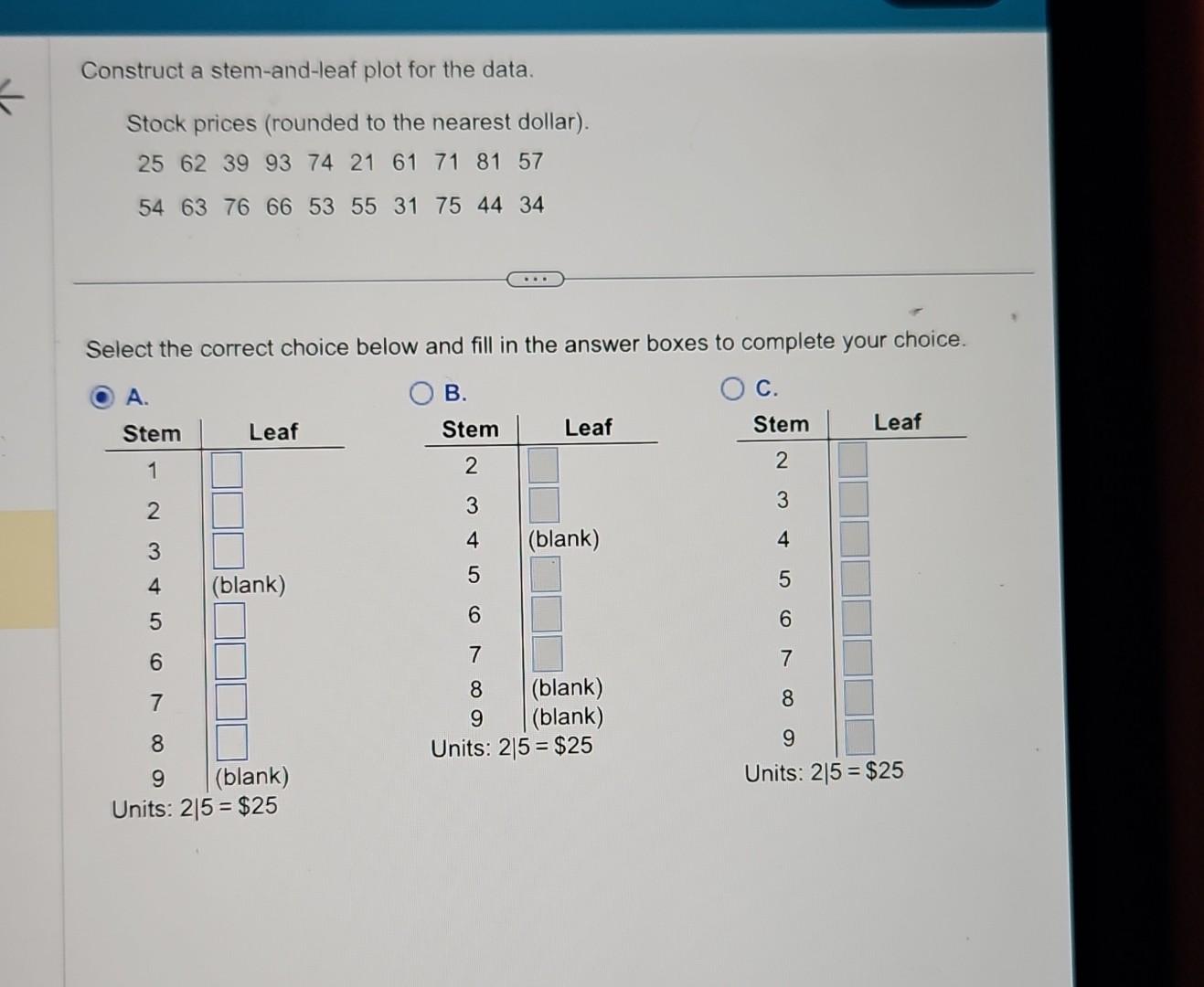 Solved Construct a stem-and-leaf plot for the data. Stock | Chegg.com