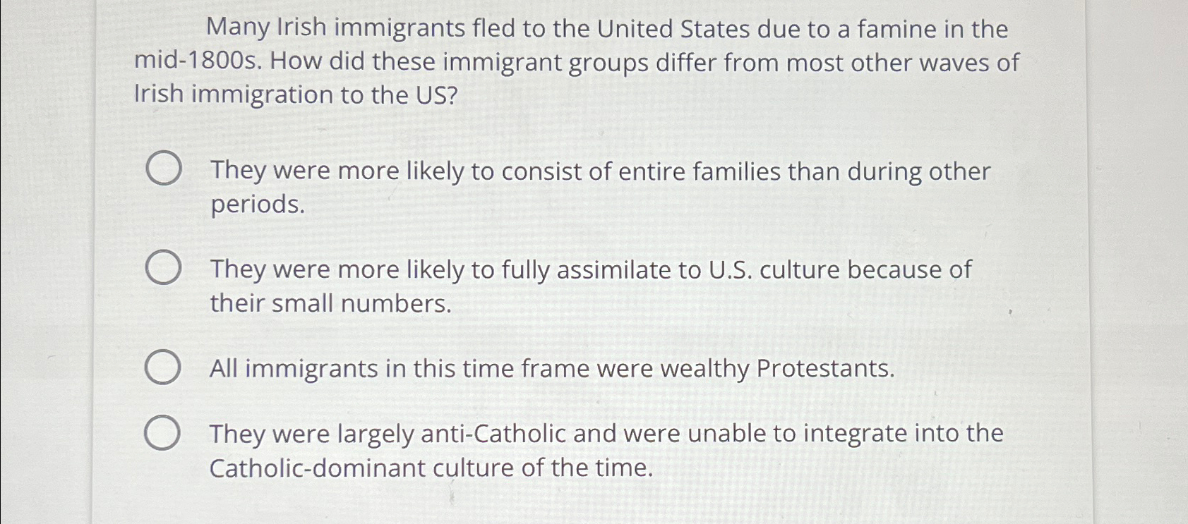 Solved Many Irish immigrants fled to the United States due | Chegg.com