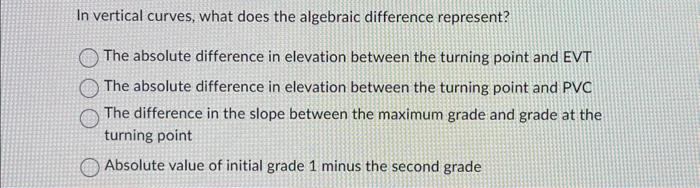 Solved In vertical curves, what does the algebraic | Chegg.com
