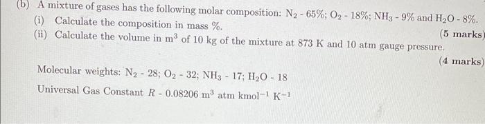 Solved (b) A mixture of gases has the following molar | Chegg.com