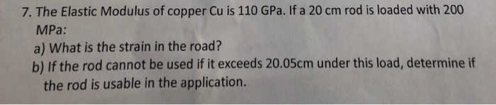 Solved 7. The Elastic Modulus of copper Cu is 110 GPa. If a | Chegg.com