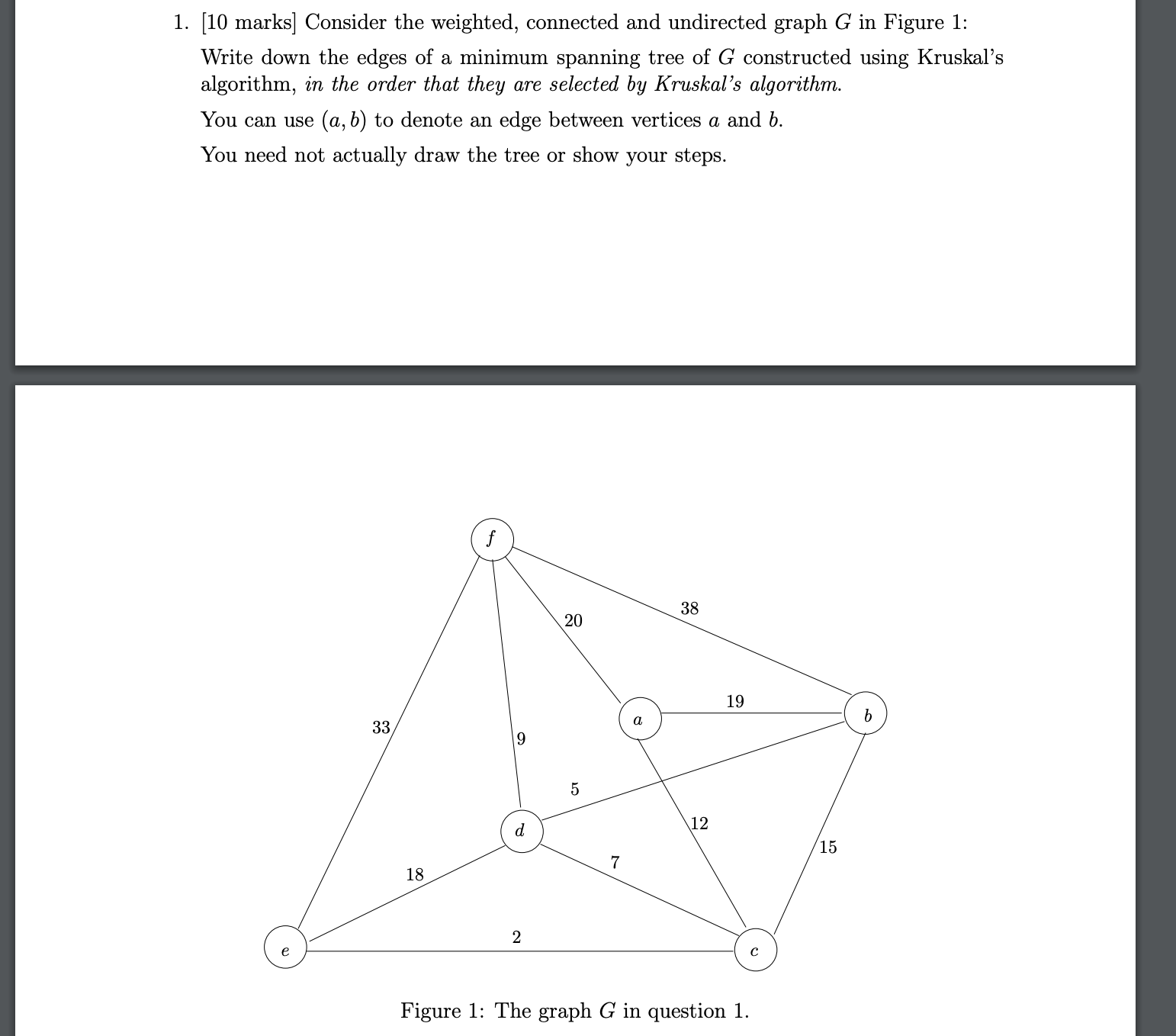 1. [10 ﻿marks] ﻿Consider the weighted, connected and | Chegg.com