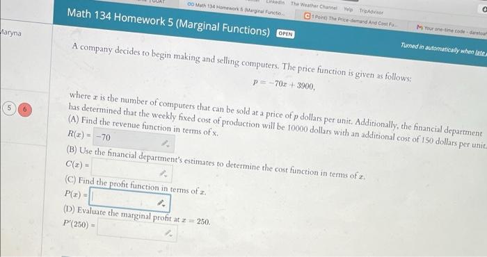 Solved co Math 154 Homework Marginal Functio Math 134 | Chegg.com