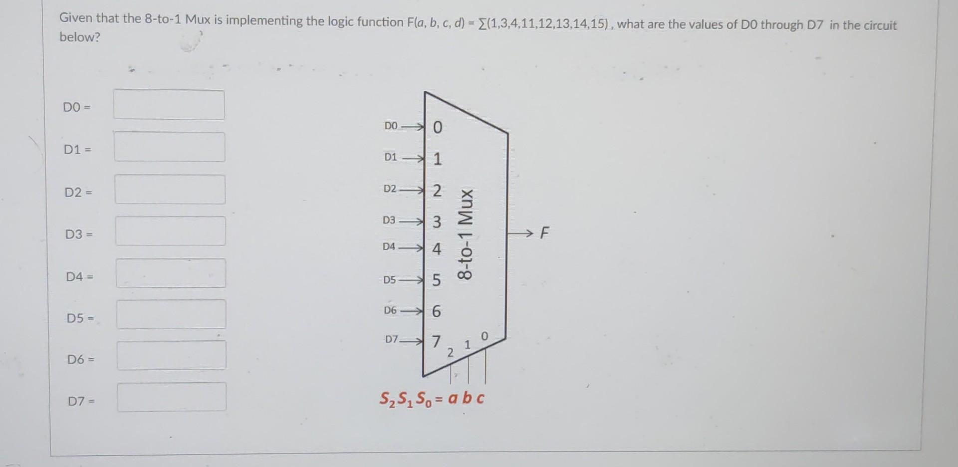 Solved Given that the 8-to-1 Mux is implementing the logic | Chegg.com