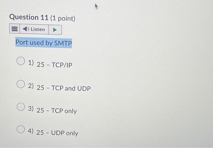 Solved Port used by SMTP 1) 25−TCP//P 2) 25 - TCP and UDP 3) | Chegg.com