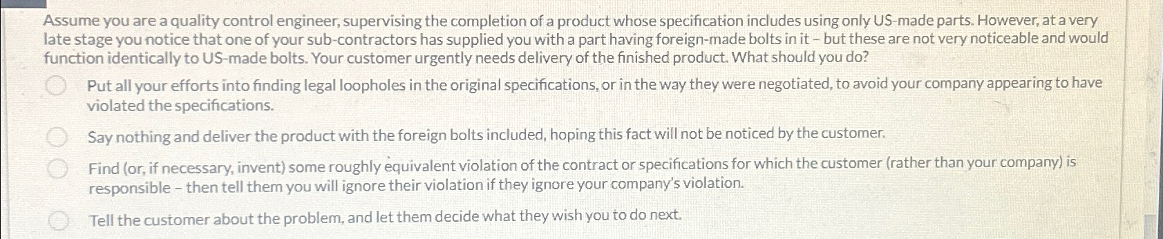 Solved Assume you are a quality control engineer, | Chegg.com