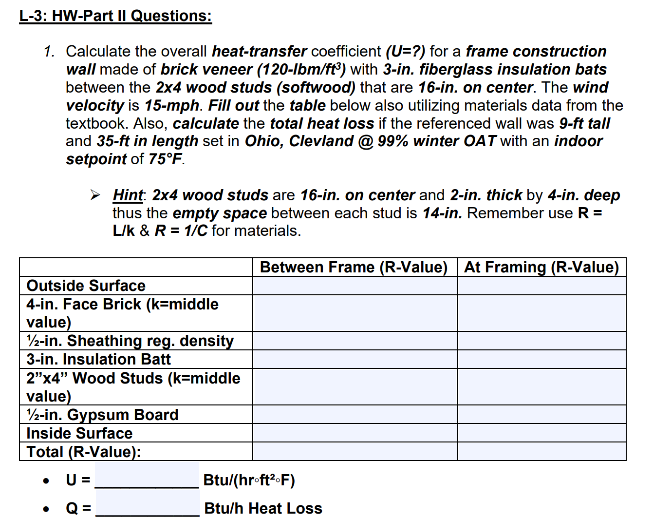 FILL IN THE CHART AND FIND THE TOTAL HEAT LOSS AND | Chegg.com