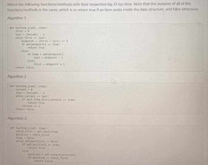 Solved Match the following functions/methods with their | Chegg.com