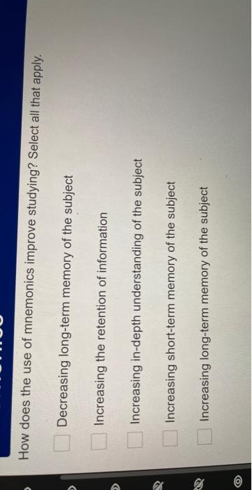Solved OW does the use of mnemonics improve studying? Select | Chegg.com