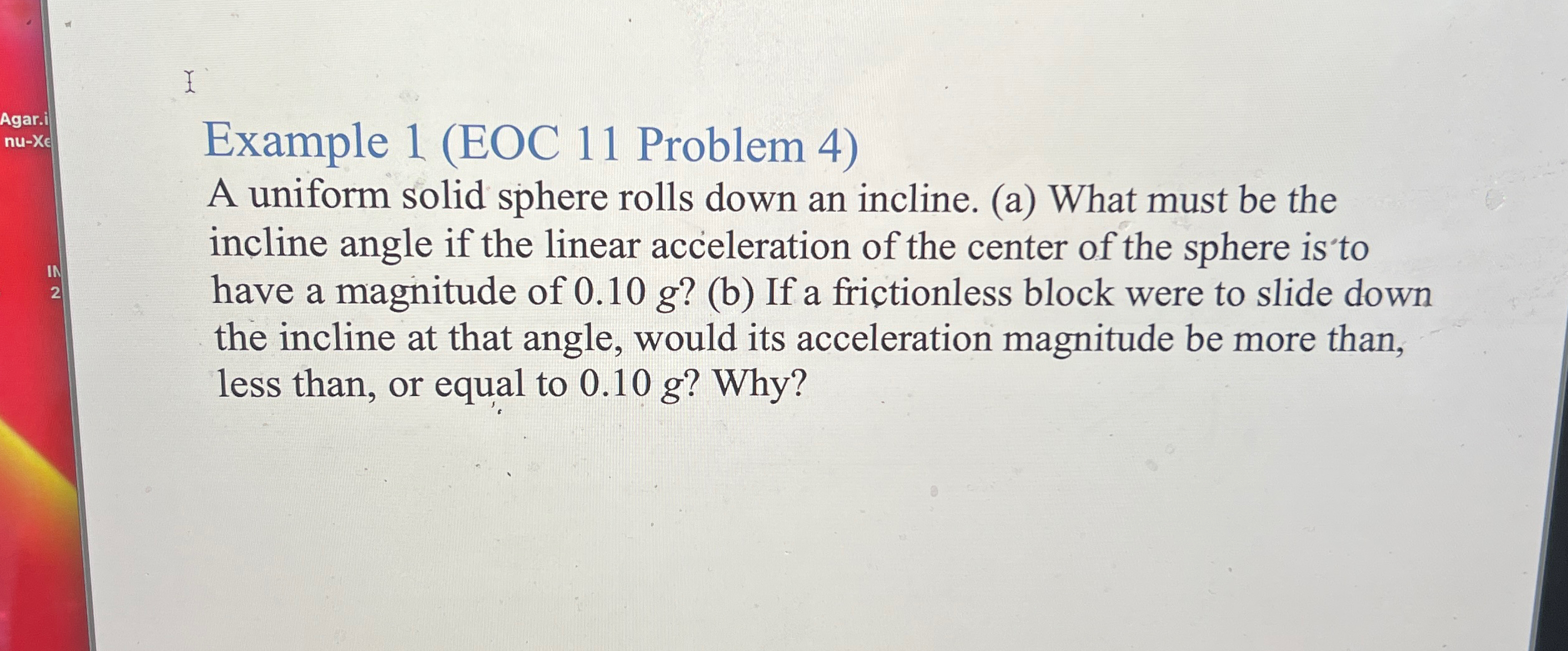 Solved Example 1 (EOC 11 ﻿Problem 4)A uniform solid sphere | Chegg.com