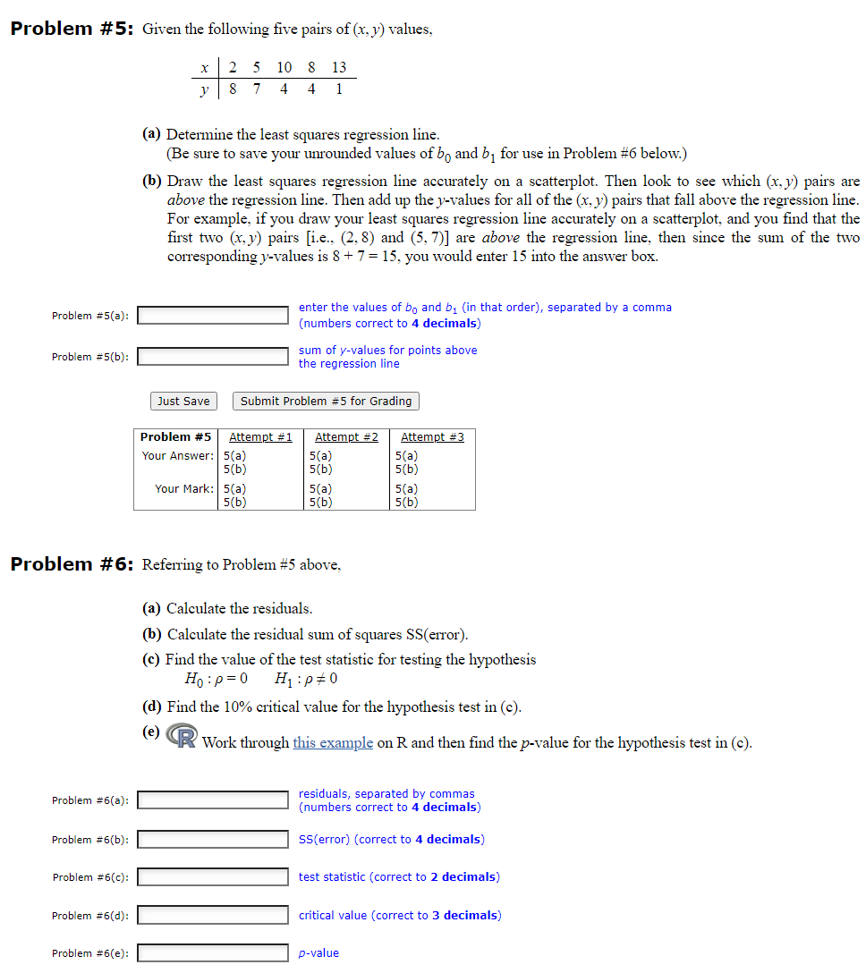 Solved Problem # 5: Given the following five pairs of (x,y) | Chegg.com