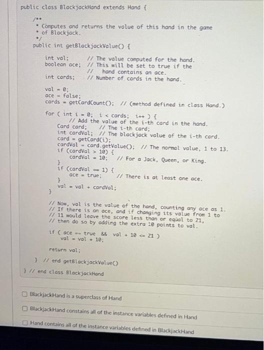 Solved blic class BlackjockHand extends Hand f - Copputes | Chegg.com