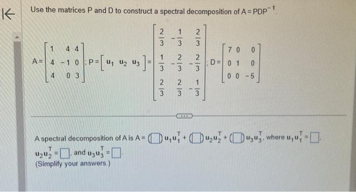 Solved Use the matrices P and D to construct a spectral | Chegg.com
