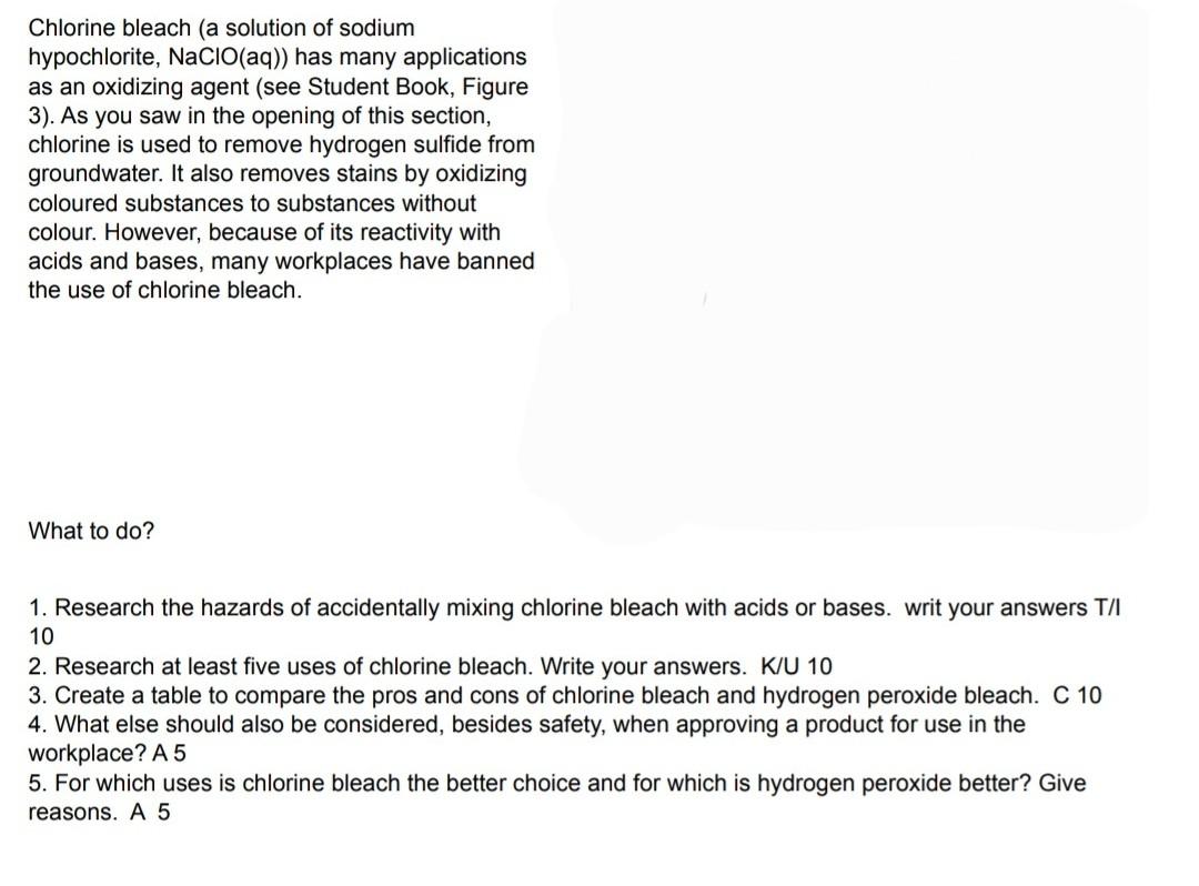 Solved Chlorine bleach (a solution of sodium hypochlorite, | Chegg.com