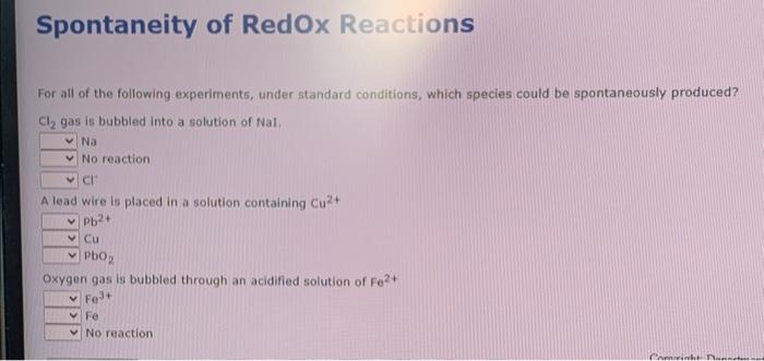 Solved Spontaneity of RedOx Reactions For all of the | Chegg.com