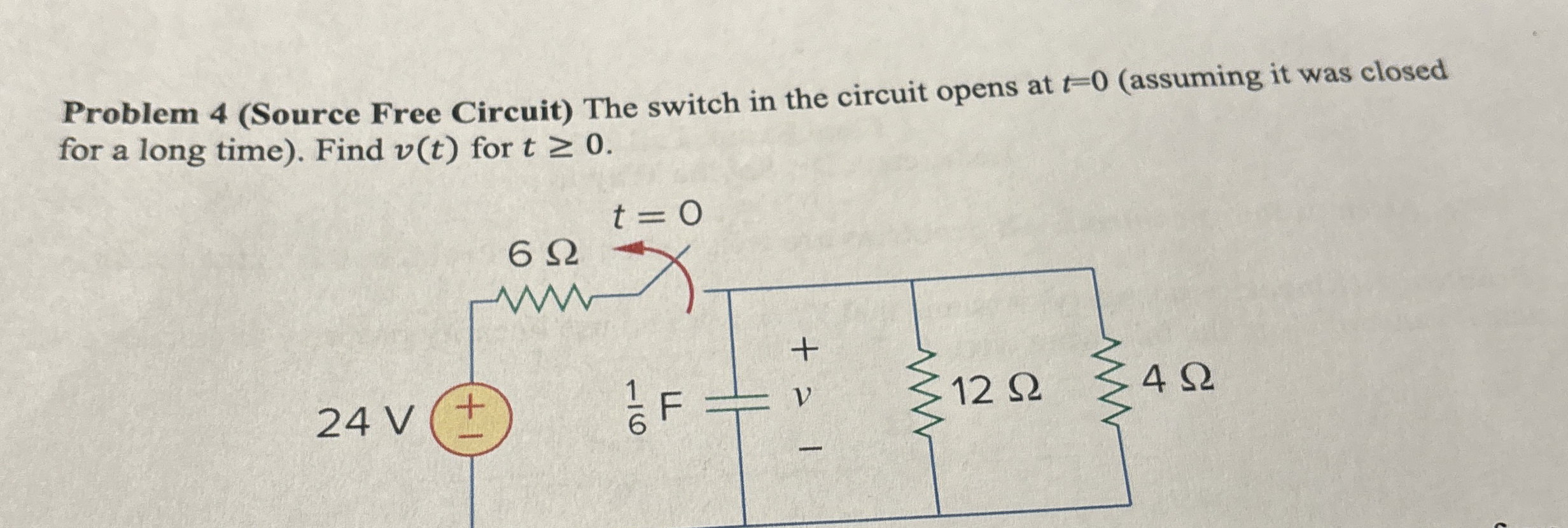 Solved Problem 4 (Source Free Circuit) ﻿The switch in the | Chegg.com