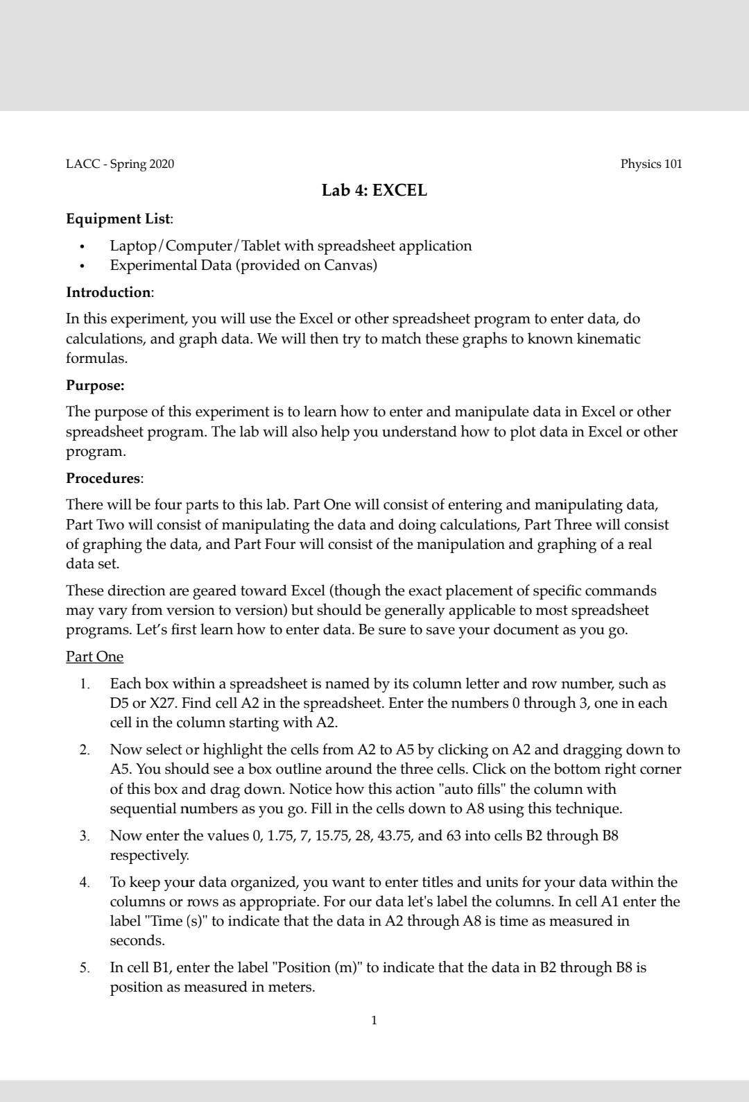 LACC - Spring 2020 Physics 101 Lab 4: EXCEL Equipment | Chegg.com
