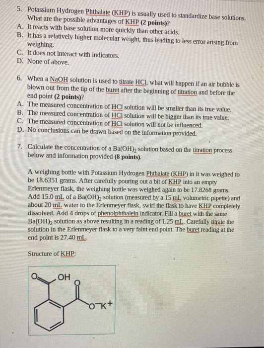 Solved 5. Potassium Hydrogen Phthalate (KHP) is usually used | Chegg.com