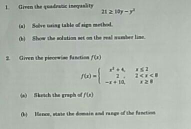 Solved 1. Given the quadratic inequality 21 2 10y-y! (m) | Chegg.com