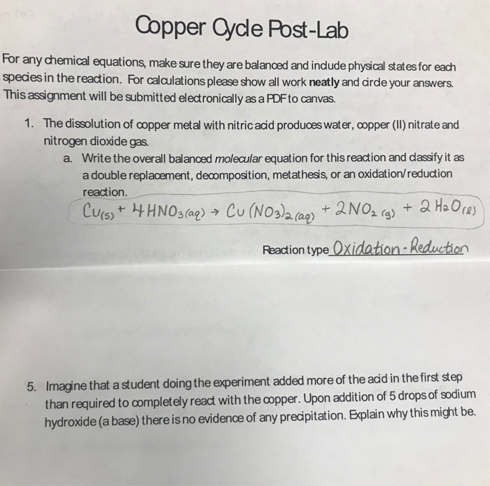 Solved Copper Cycle Post-Lab For any chemical equations, | Chegg.com