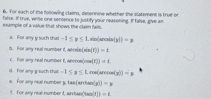 Solved 6. For each of the following claims, determine | Chegg.com