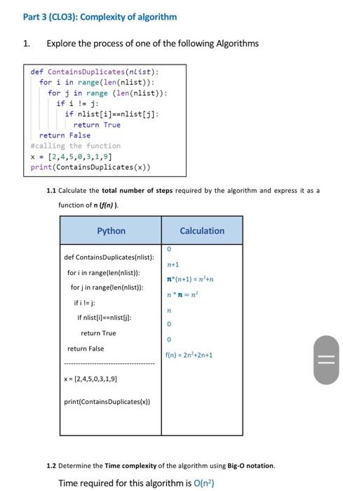 Solved Part 3 Clo3 Complexity Of Algorithm 1 Explore The 