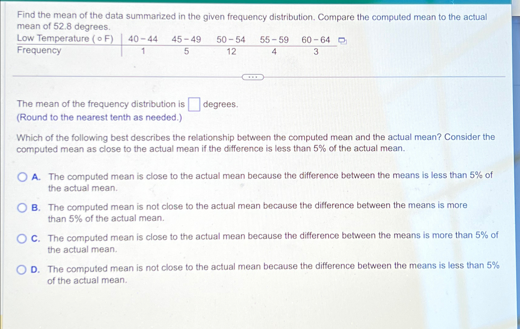 Solved Find the mean of the data summarized in the given | Chegg.com
