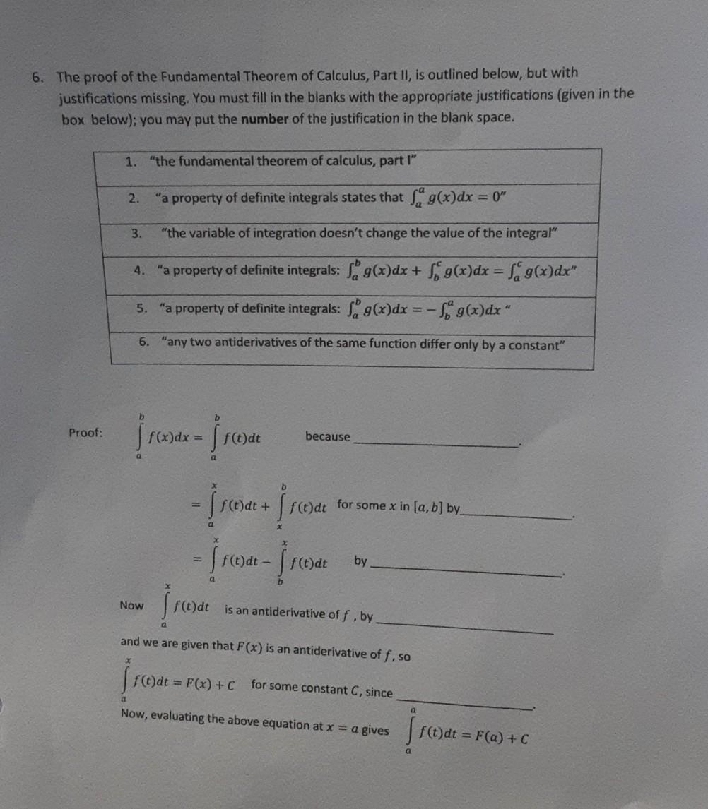 Solved 6. The proof of the Fundamental Theorem of Calculus, | Chegg.com