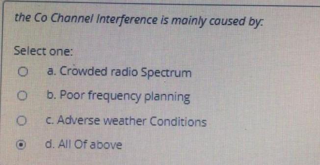 Solved the Co Channel Interference is mainly caused by: | Chegg.com
