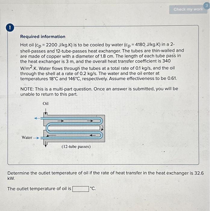 Solved Required information Hot oil (cp=2200 J/kg.K) is to | Chegg.com