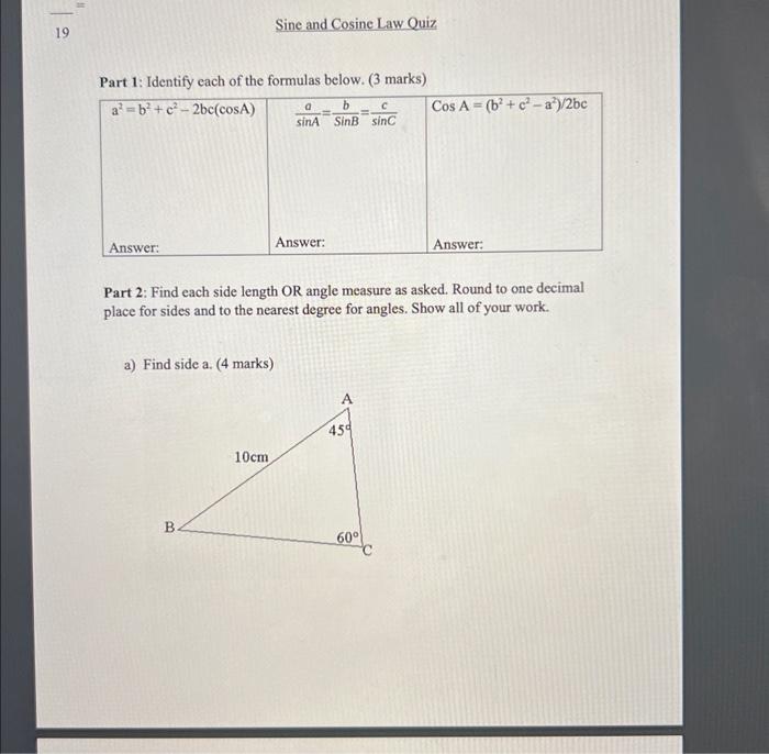 Solved Sine and Cosine Law Quiz Part 1: Identifv each of the | Chegg.com