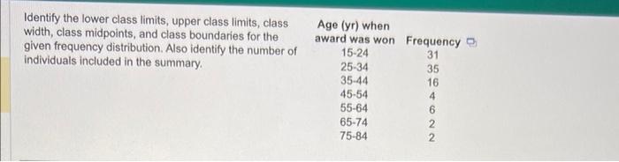 Solved Identify the lower class limits, upper class limits, | Chegg.com
