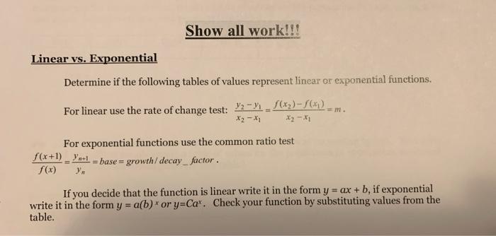 Solved Linear vs. Exponential Determine if the following | Chegg.com