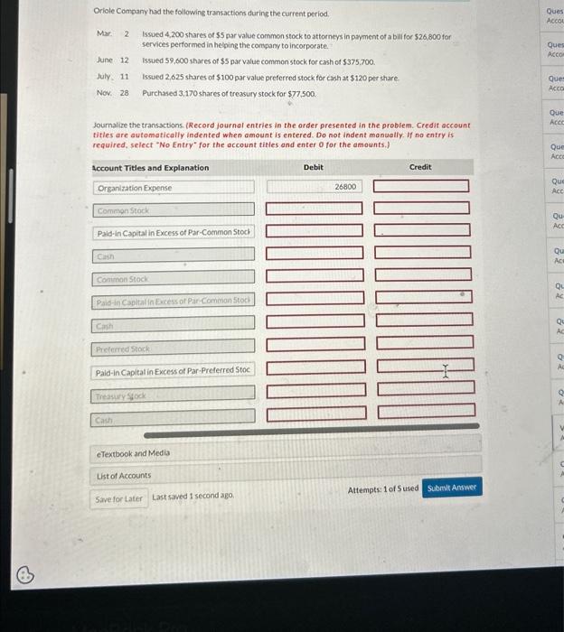 Solved Oriole Company had the following transactions during | Chegg.com