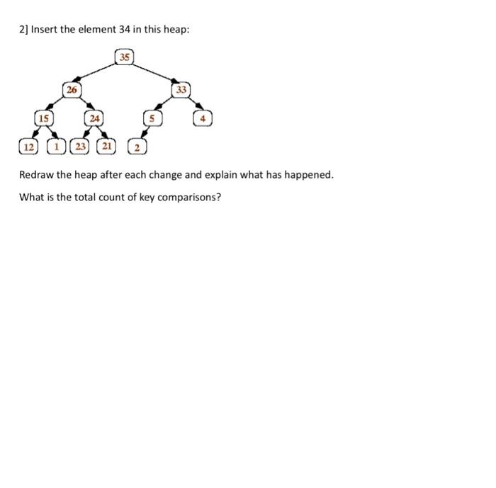 Solved 2] Insert the element 34 in this heap: Redraw the | Chegg.com