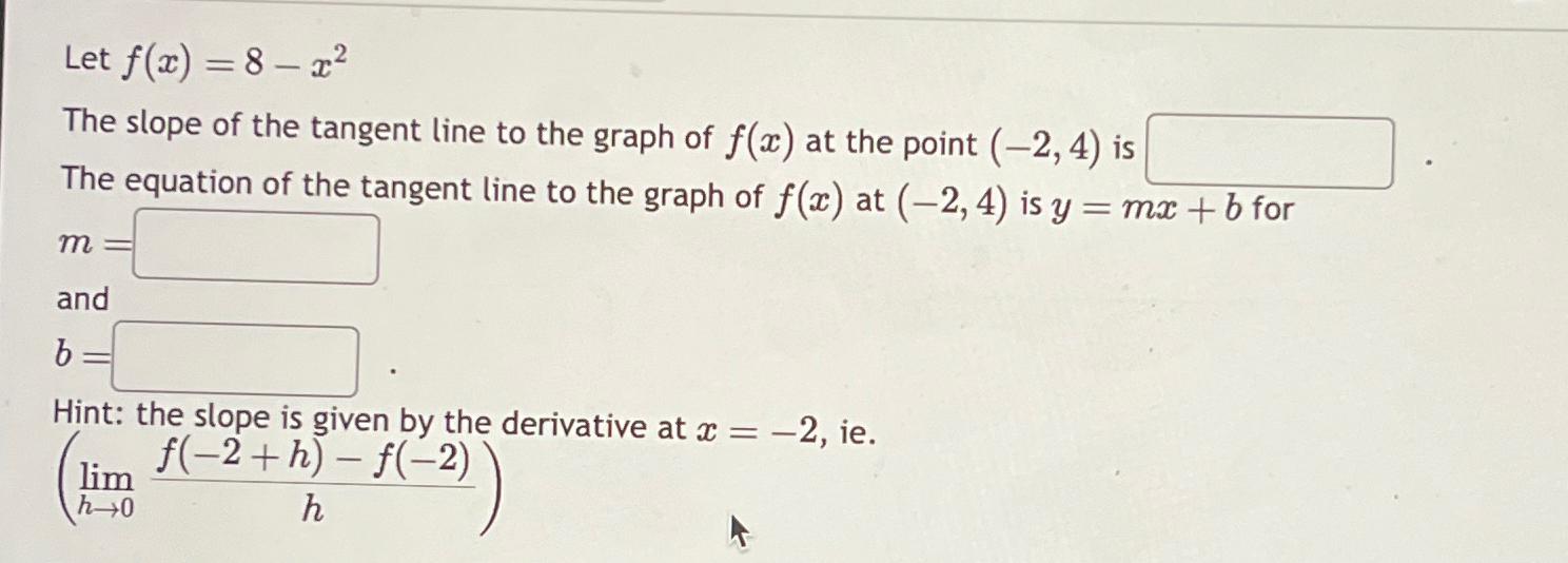 Solved Let f(x)=8-x^(2)\\nThe slope of the tangent line to | Chegg.com