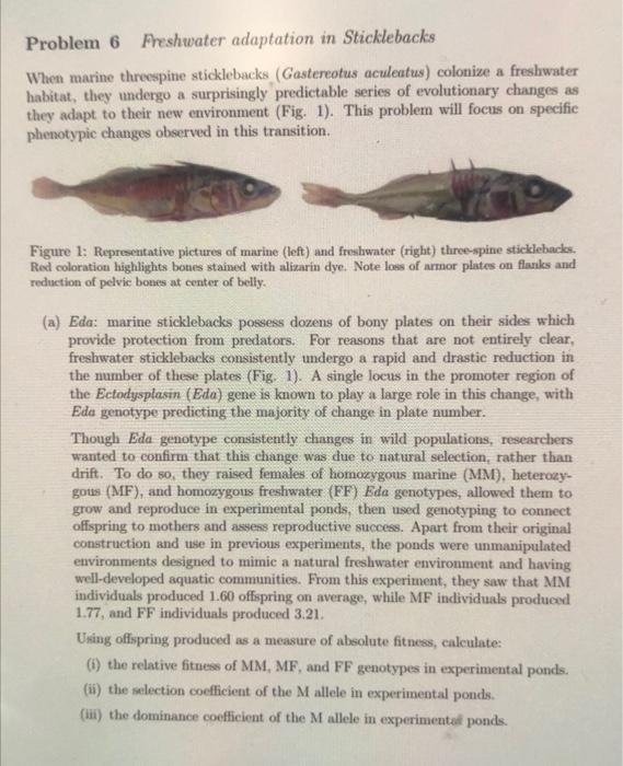 Solved Problem 6 Freshwater adaptation in Sticklebacks When | Chegg.com