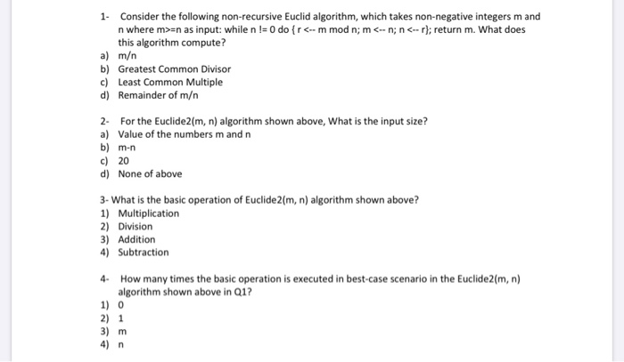 Solved 1. Consider the following non-recursive Euclid | Chegg.com