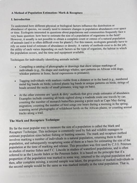 A Method of Population Estimation: Mark & Recapture | Chegg.com