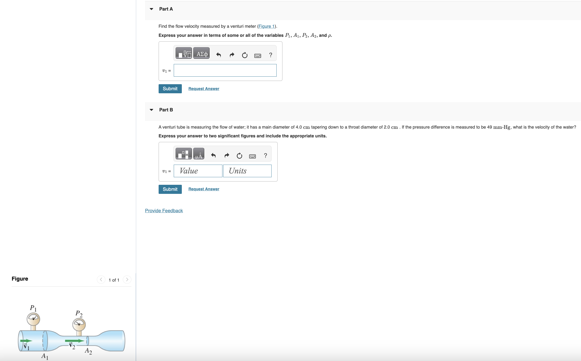 Solved Part AFind the flow velocity measured by a venturi | Chegg.com
