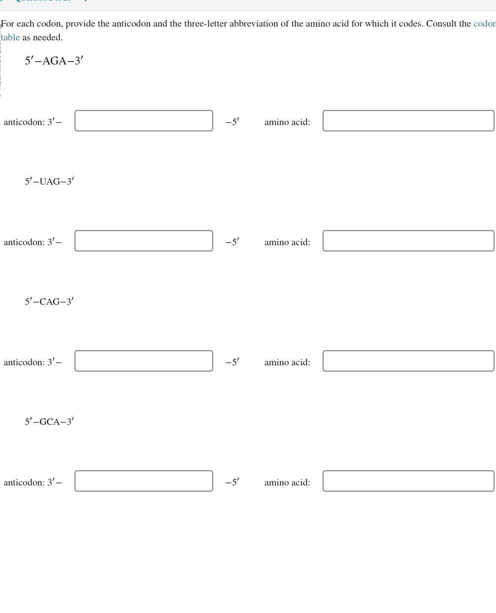 Solved For each codon, provide the anticodon and the | Chegg.com