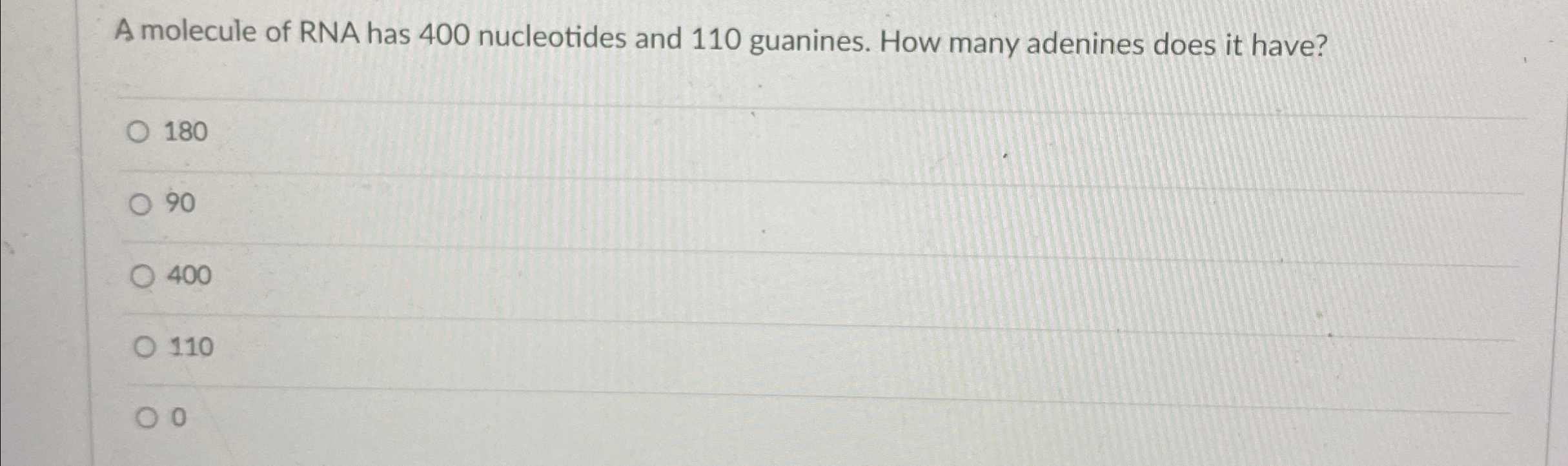 Solved A molecule of RNA has 400 ﻿nucleotides and 110 | Chegg.com