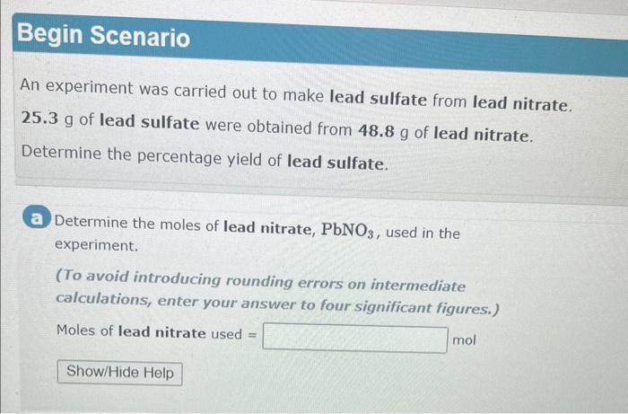 Solved An experiment was carried out to make lead sulfate | Chegg.com