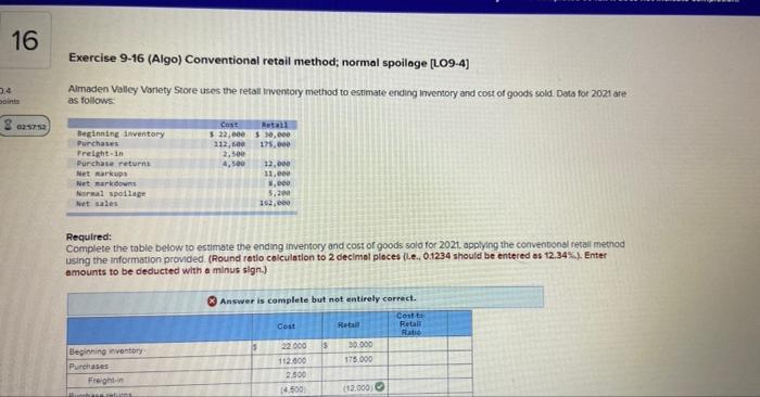 Solved 16 Exercise 9-16 (Algo) Conventional retail method; | Chegg.com