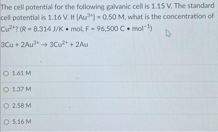 Solved The cell potential for the following galvanic cell is | Chegg.com