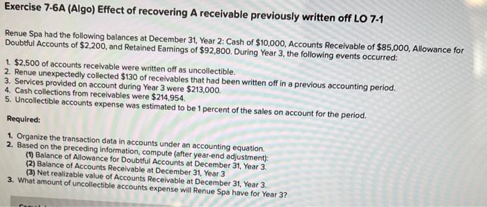 Solved Exercise 7.6A (Algo) Effect of recovering A | Chegg.com
